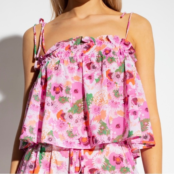 Ganni | Tops | Ganni Pink Floral Ruched Summer Crop Top Sz 6 | Poshmark